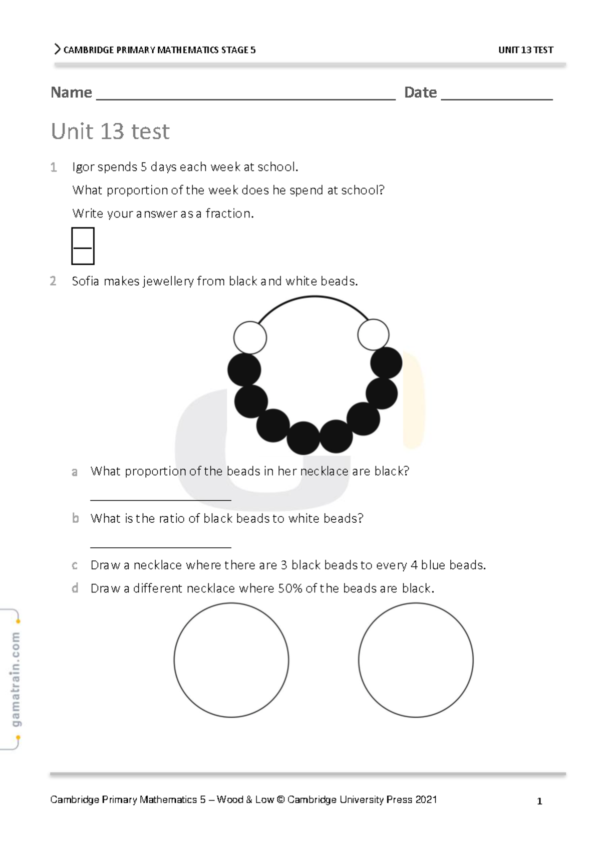 CAMBRIDGE PRIMARY MATHEMATICS STAGE 5 UNIT 13 TEST - Studocu