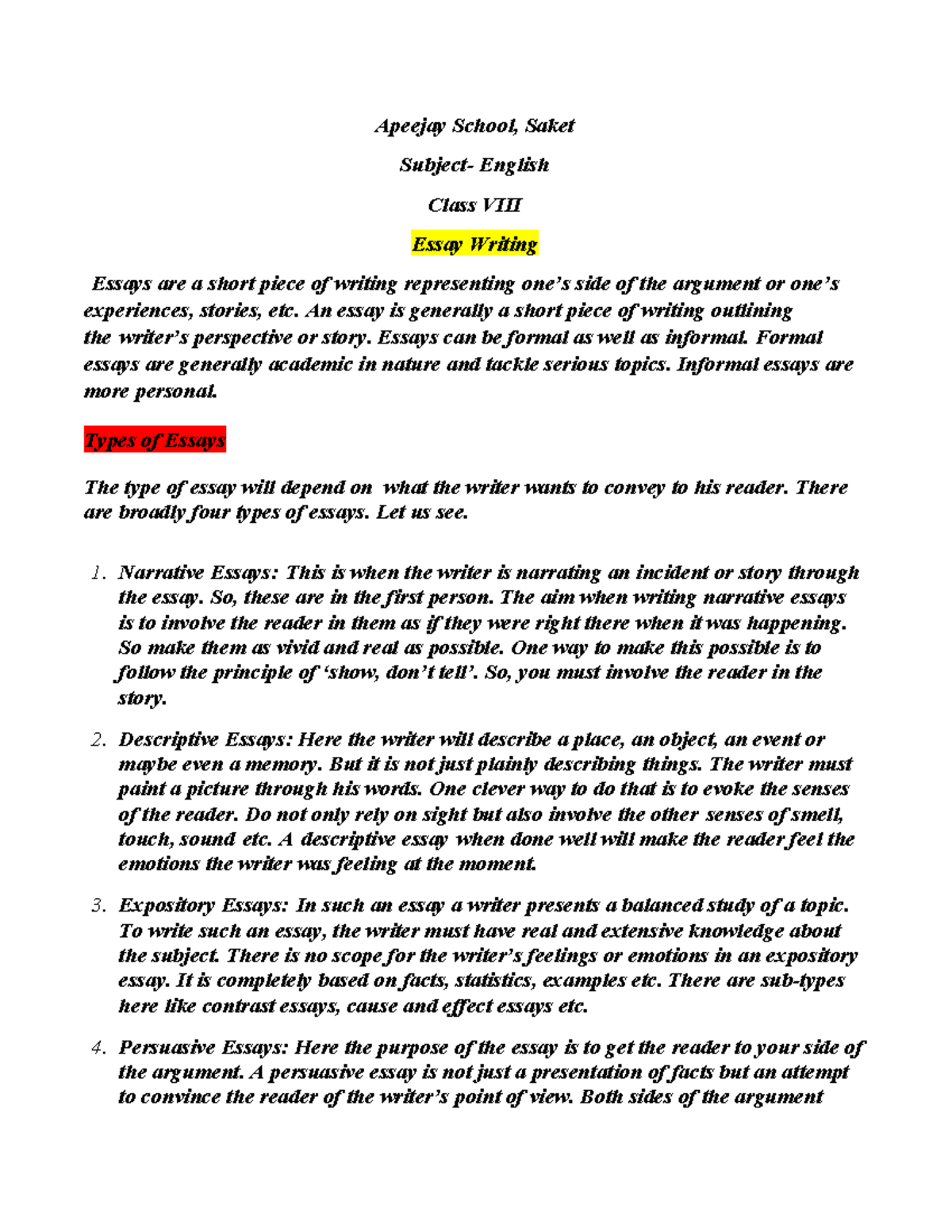 Class 8 English Essay Writing: Types and Formats - Studocu