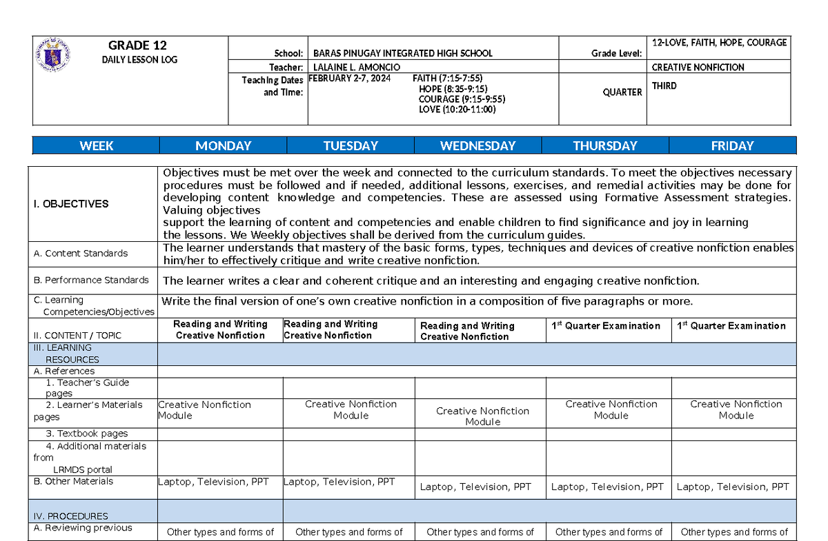 GRADE 12 CREATIVE NONFICTION DAILY LESSON LOG WEEK 1 - Studocu