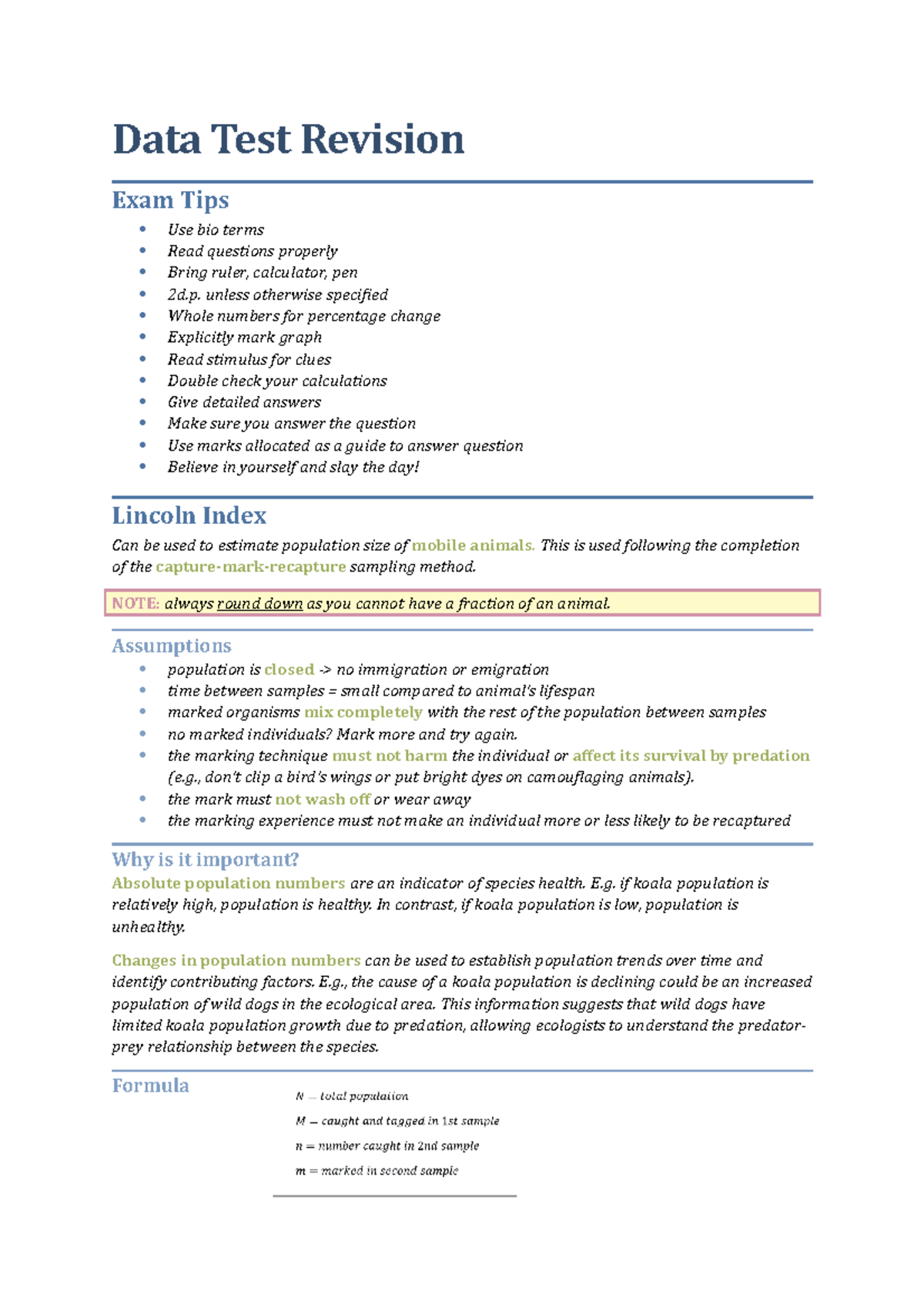Summary Notes for Data Test - Data Test Revision Exam Tips Use bio ...