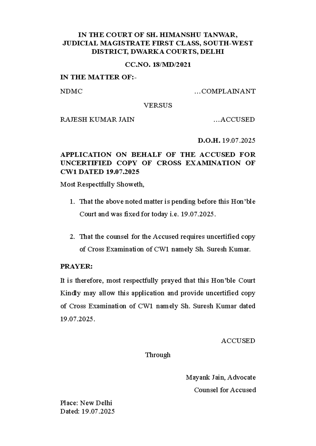 Application for Uncertified Copy of Cross Examination - CC.No. - Studocu