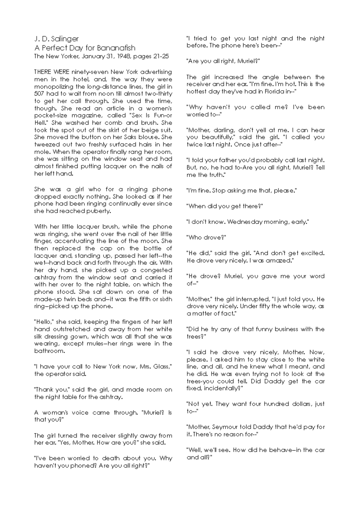 Salinger - Bananafish - J. D. Salinger A Perfect Day for Bananafish The ...