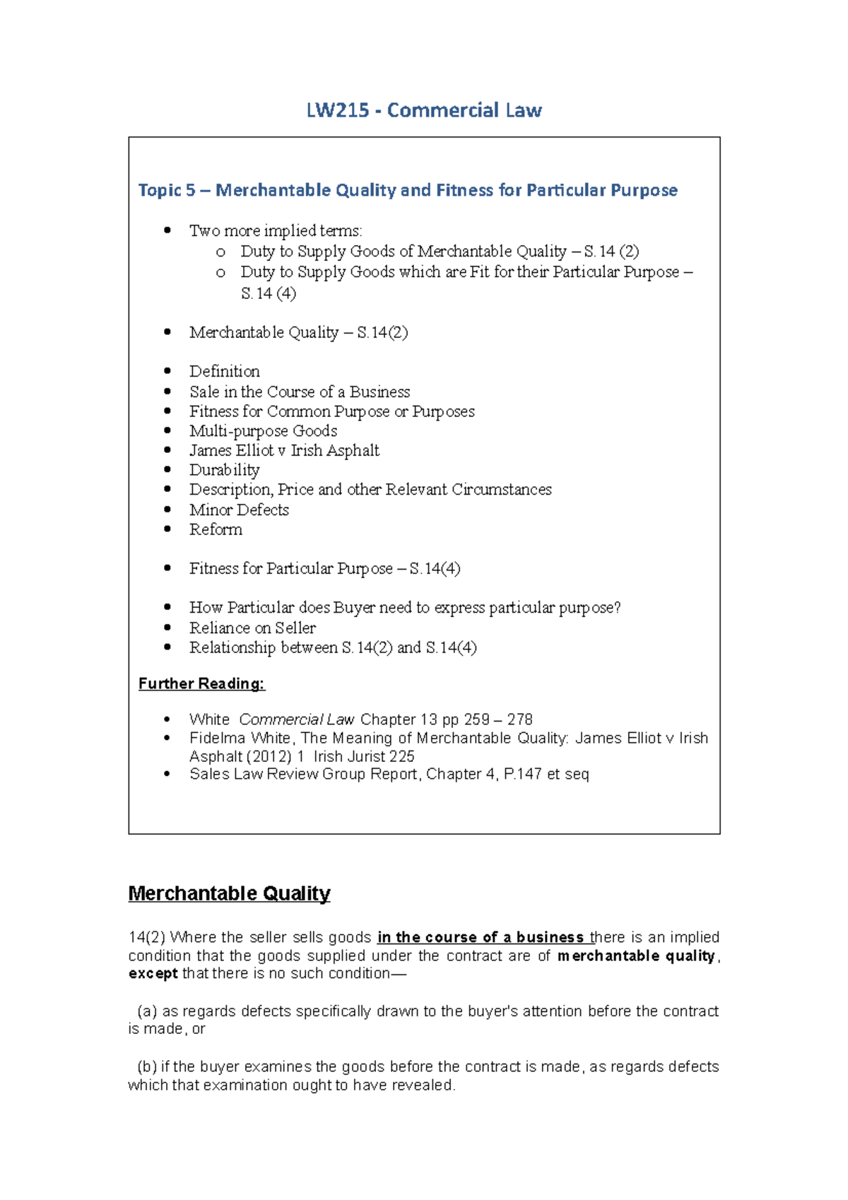Merchantable Quality Under LW215: Key Concepts and Case Studies - Studocu