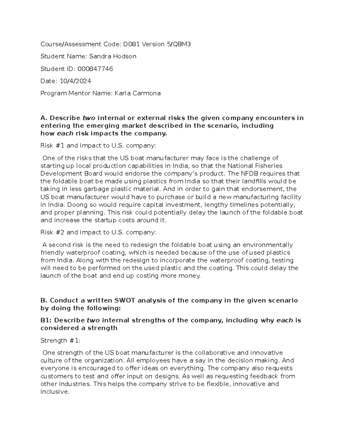 D081 V5 QBM3 - Task 2: Risk Analysis & SWOT for US Boat Manufacturer ...