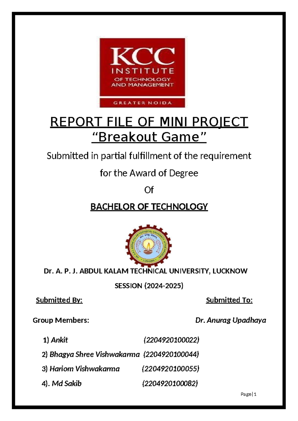 CSE 5th Sem Mini Project Report: Breakout Game Development - Studocu