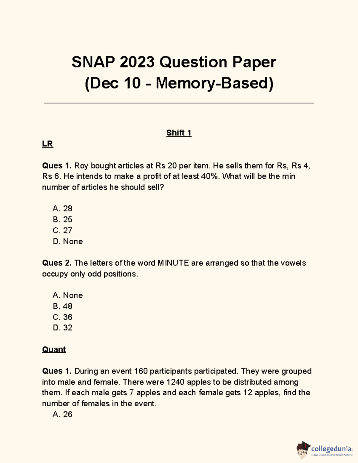 SNAP 2023 Dec 10 Memory-Based Question Paper & Solutions - Studocu