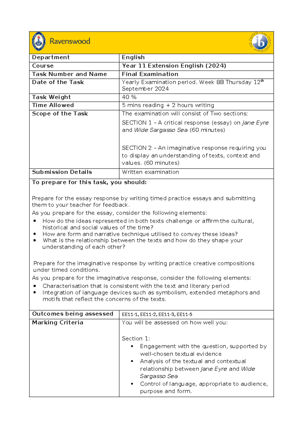 AT3 2024 Year 11 Ext. English Final Exam Notification - Studocu
