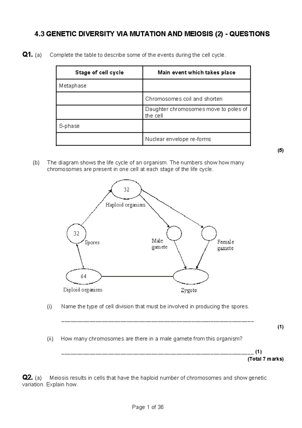 Genetics Exam Past Paper Questions - Unit 4.3 (Mutation & Meiosis ...