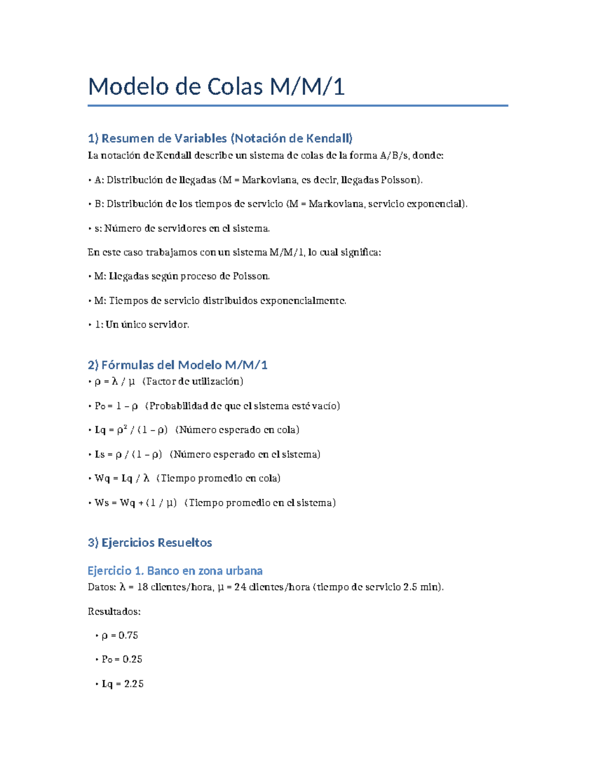 Modelo de Colas MM1: Resumen y Ejercicios Resueltos - Studocu
