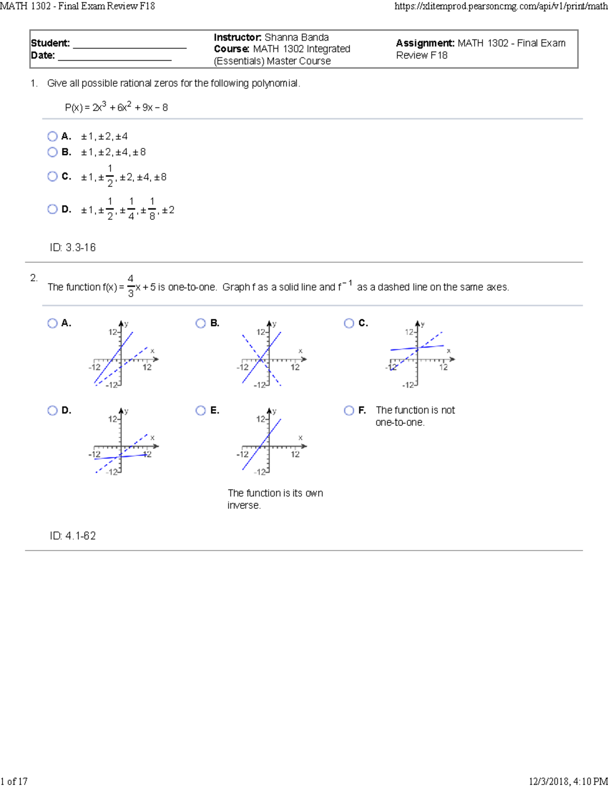 MATH 1302 Final Exam Review F18 - 1. 2. Student ...