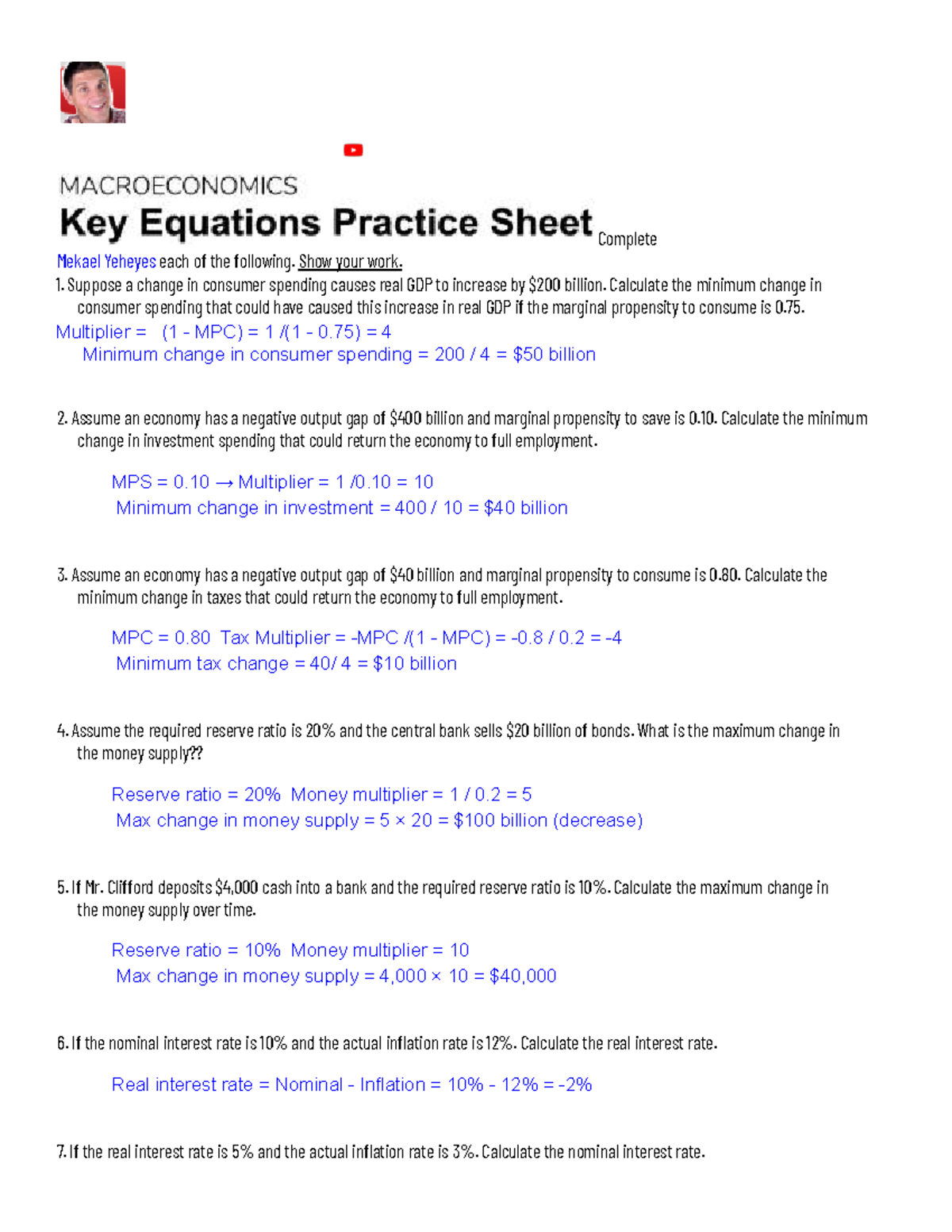 MACR 101: Macro Key Equations Practice Sheet for Understanding GDP ...
