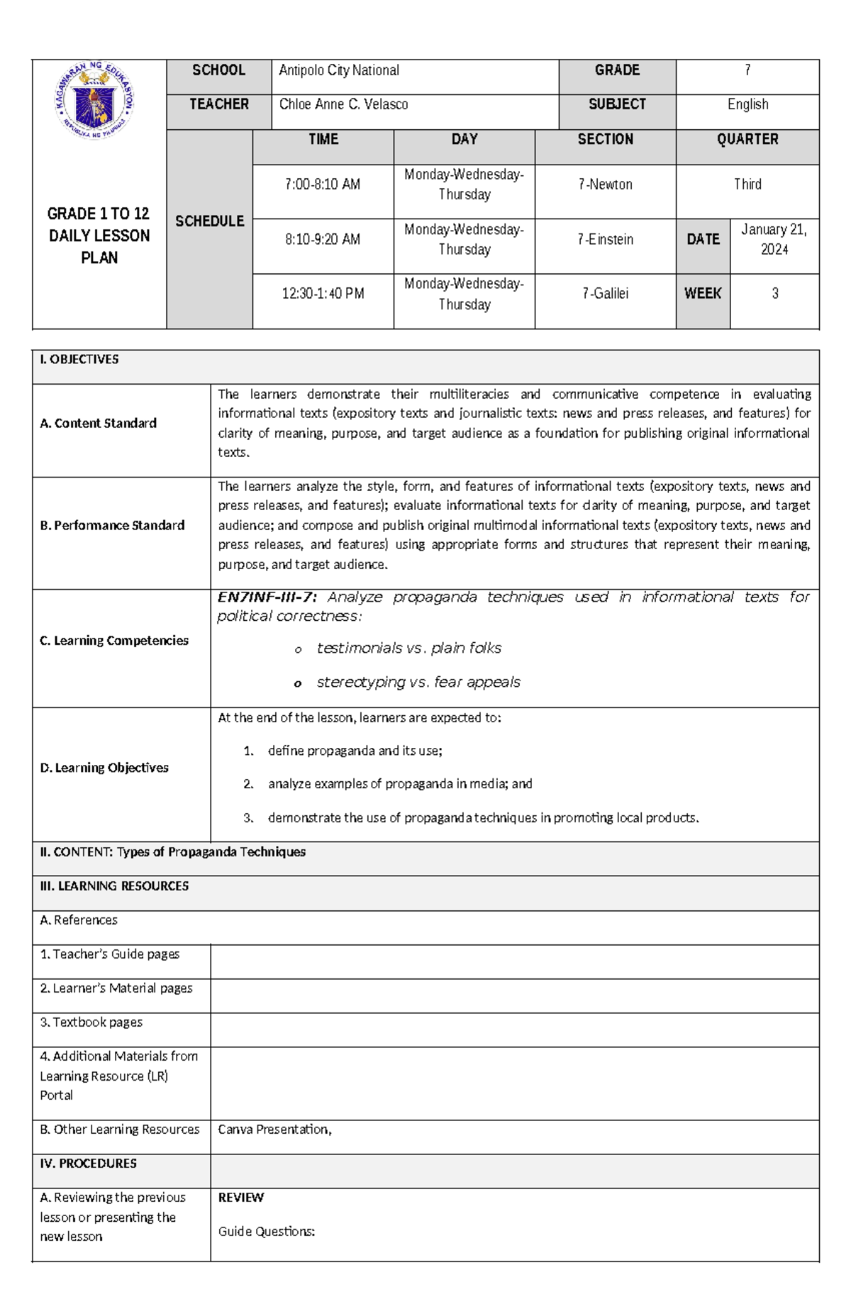 B- Lesson-PLAN- Draft- Draft - Copy - Copy - GRADE 1 TO 12 DAILY LESSON ...