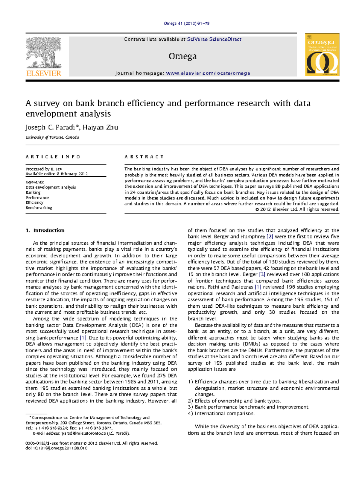 A Survey of Bank Branch Efficiency Using DEA: Insights and Future ...