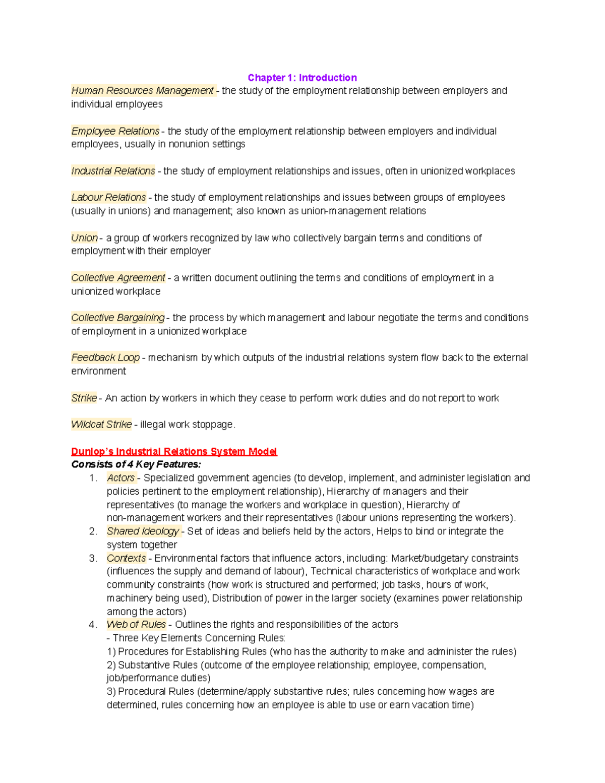Labour Relations - Midterm Summary - Chapter 1: Introduction Human ...