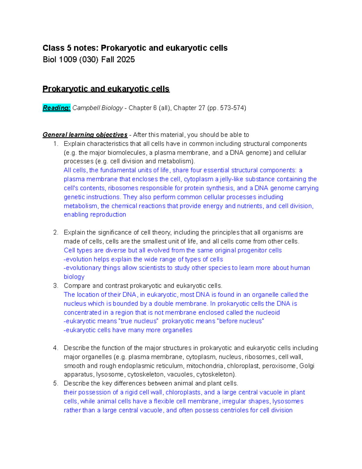 Class 5 Notes: Prokaryotic vs Eukaryotic Cells - BIOL 1009 (030) Fall ...