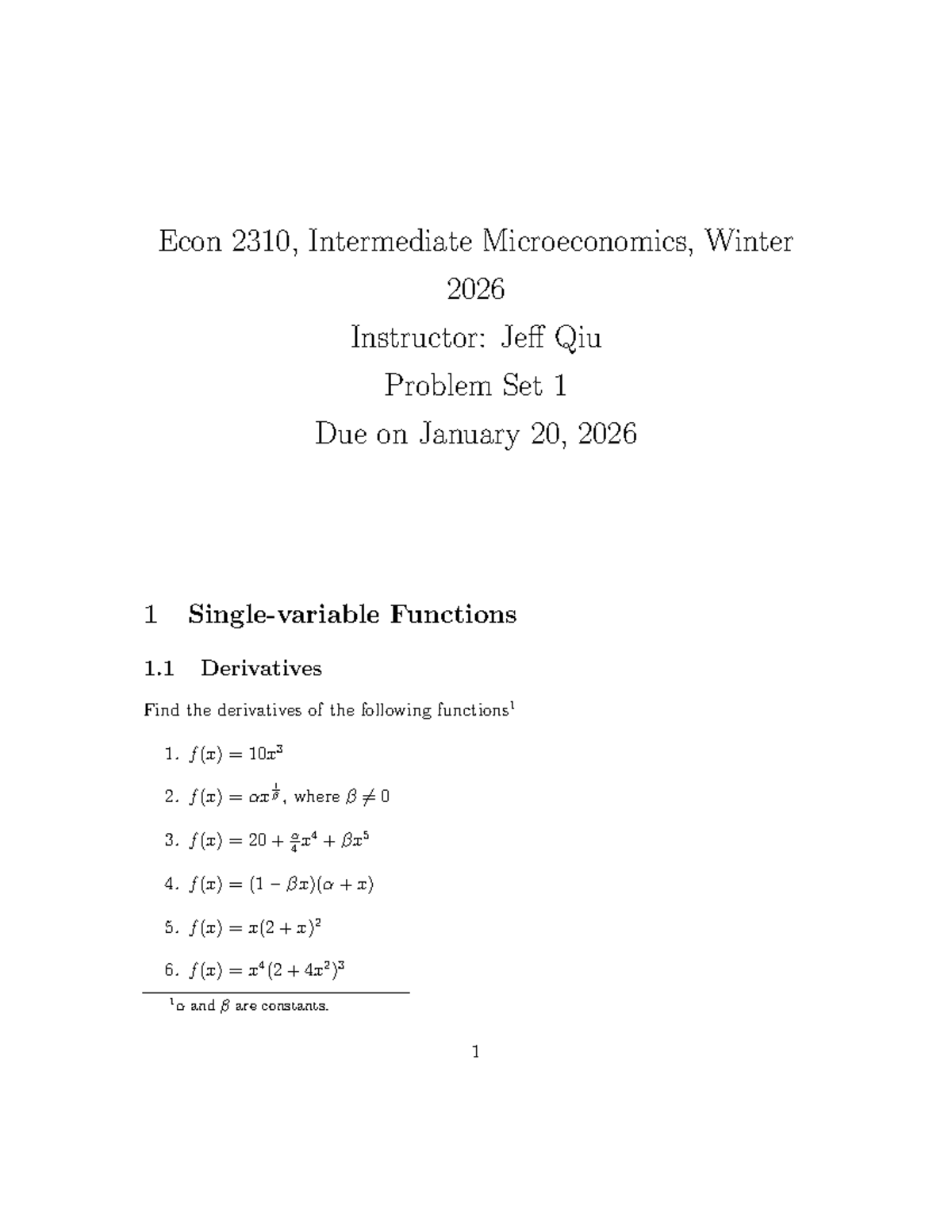 Econ 2310: Intermediate Microeconomics - Problem Set 1 (Winter 2026 ...