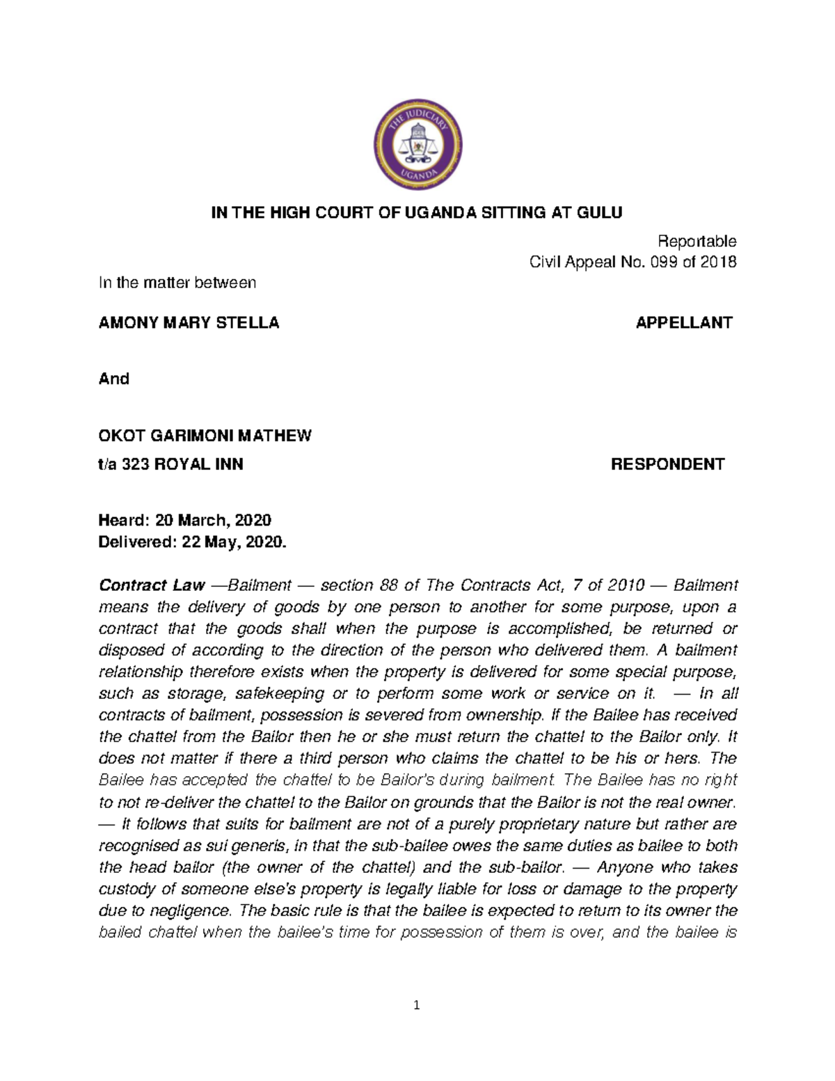 Amony v. Okot: Civil Appeal No. 099 of 2018 - Bailment Case Analysis ...