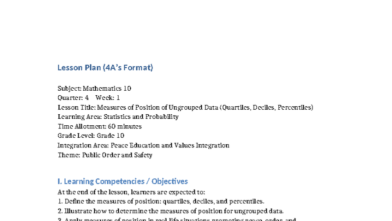 Math 10 Lesson Plan: Measures of Position in Ungrouped Data - Studocu
