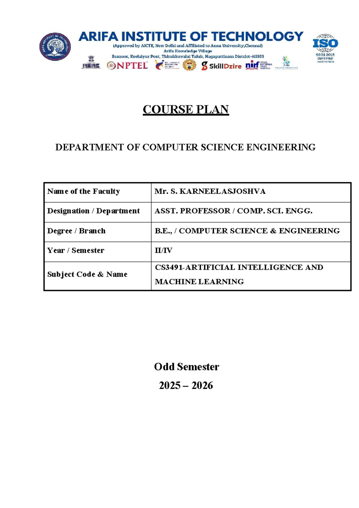Course Plan for CS3491: Artificial Intelligence & Machine Learning ...
