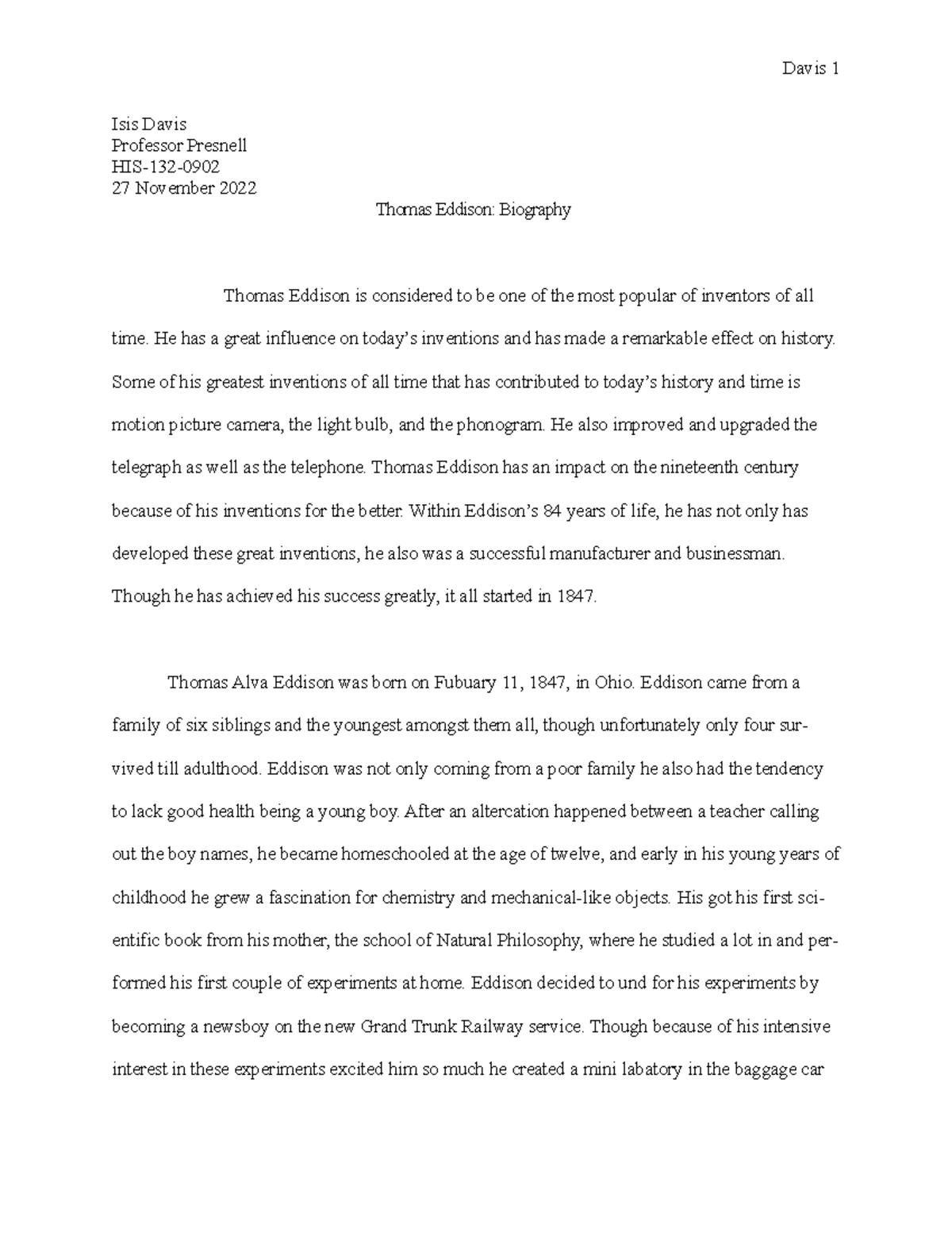 Thomas Edison Biography Research Paper complete - Isis Davis Professor ...