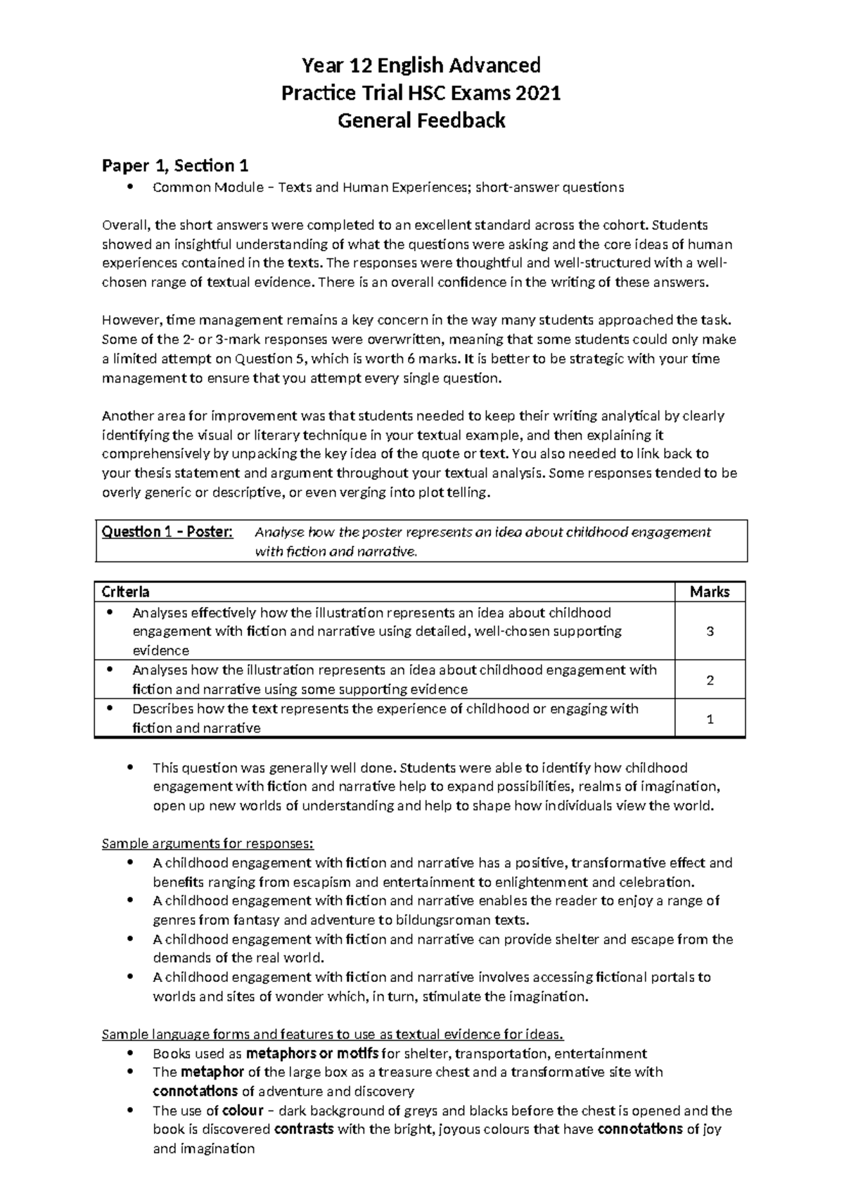 NSG Year 12 English Advanced Trial HSC Exam 2021 - Feedback Summary ...