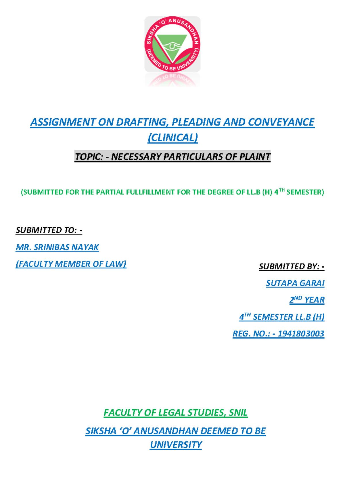 Assignment on Drafting, Pleading & Conveyance: Necessary Particulars of ...