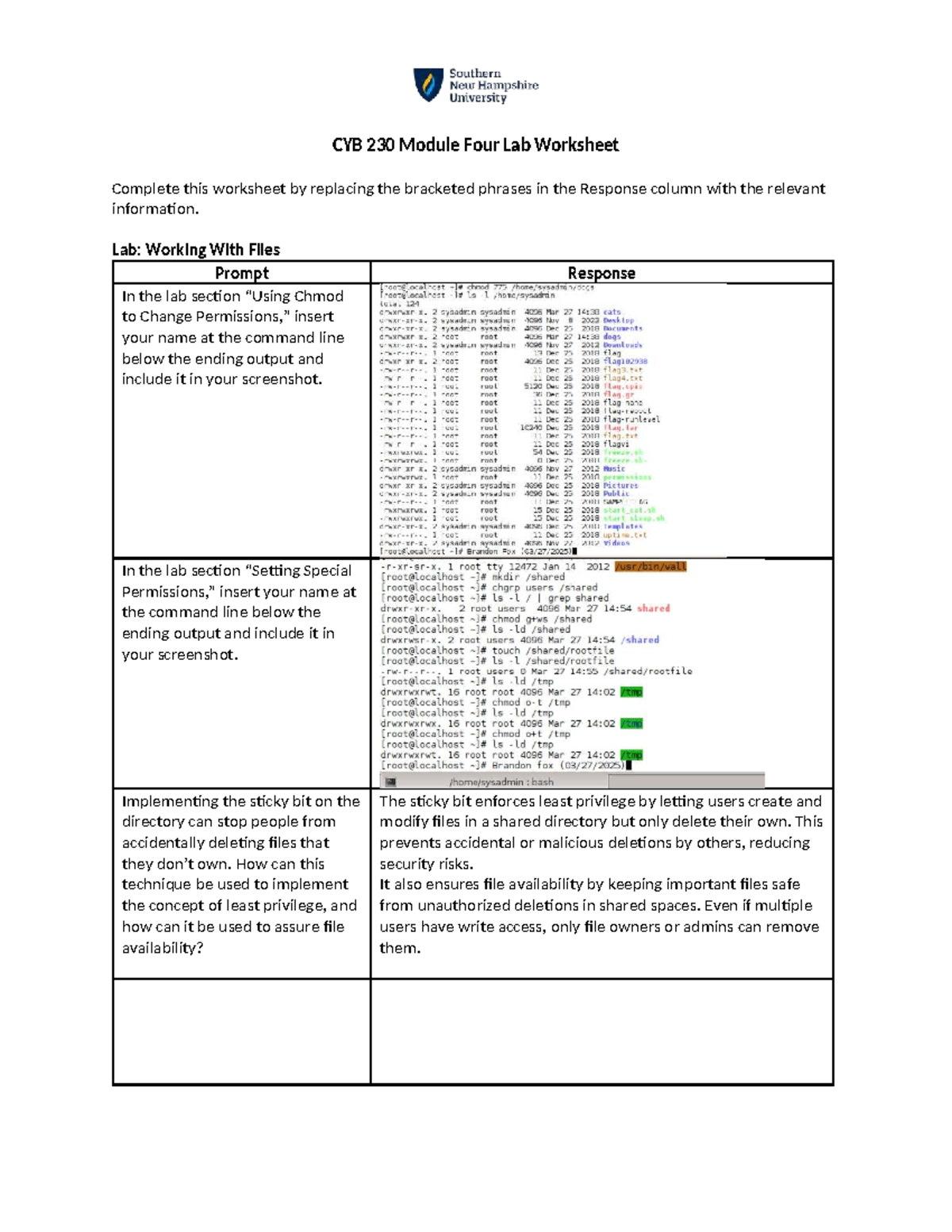 CYB 230 Module Four Lab Worksheet: File Permissions & Analysis - Studocu