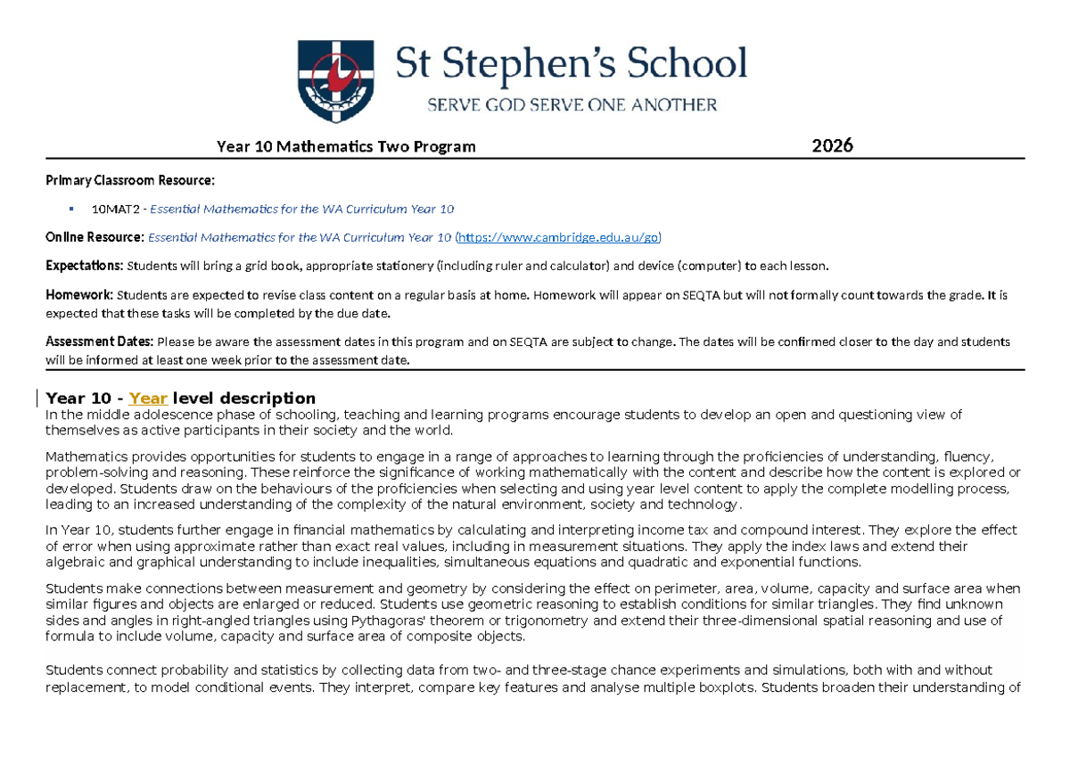 Year 10 Mathematics 2 Program 2026: Essential Curriculum Overview - Studocu