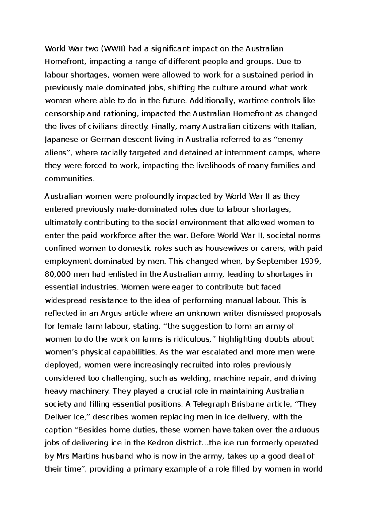 WWII History Mandatory Essay - Impact on Australia’s Homefront - Studocu