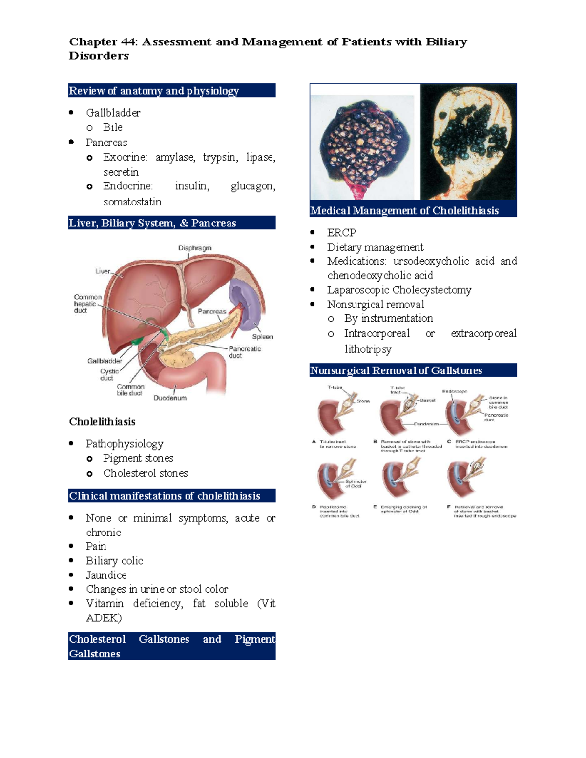 Chapter 44: Cholelithiasis and Pancreatitis Management Review - Studocu