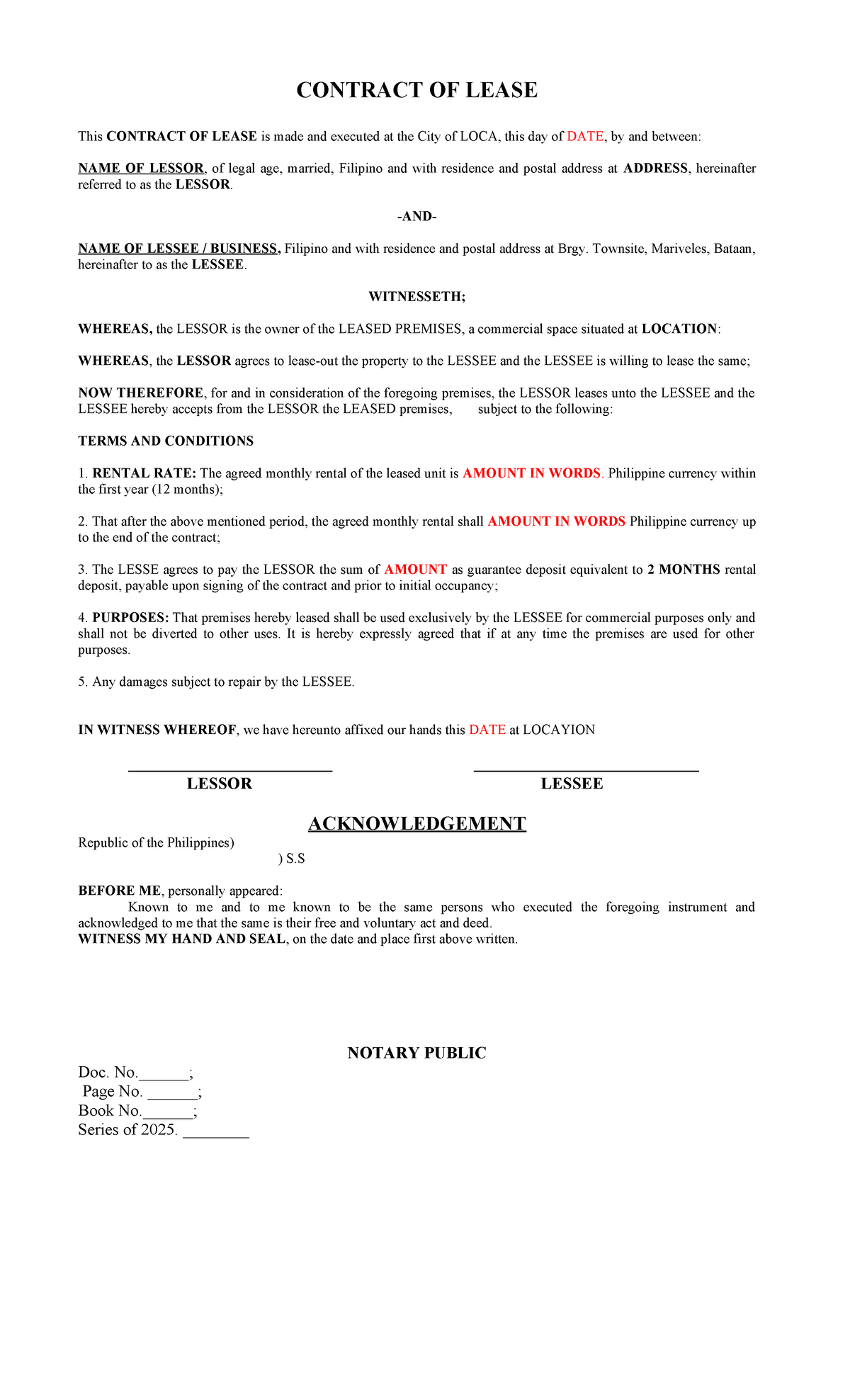 CONTRACT OF LEASE Template for Commercial Space Agreement - Studocu