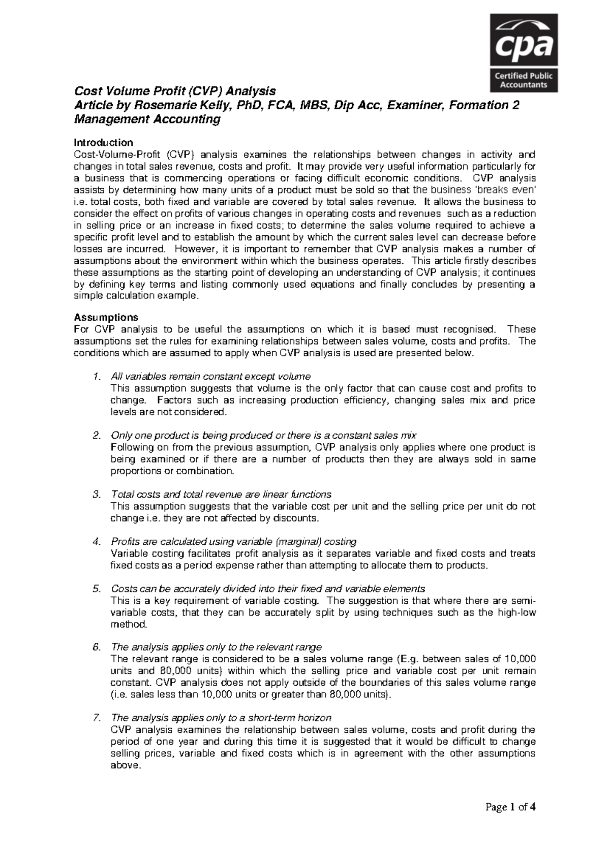 Cost Volume Profit (CVP) Analysis Overview and Key Concepts - Studocu