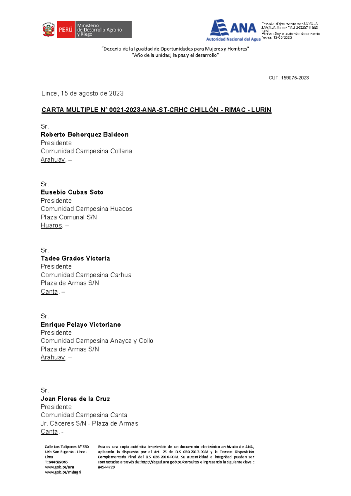 Carta Multiple N° 0021-2023-ANA-ST-CRHC ChillóN - Rimac - Lurin - "Año ...
