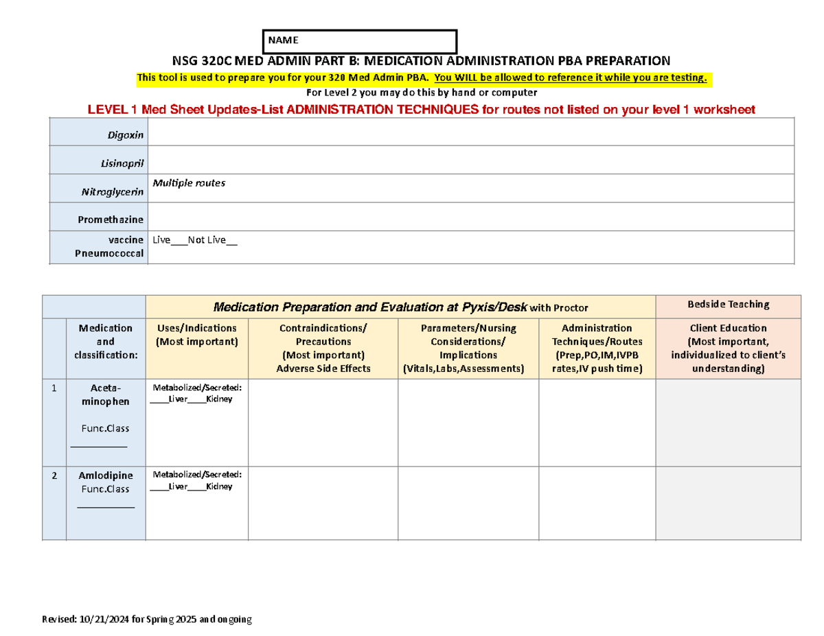 NSG 320C Medication Administration - Level 2 Med Sheet Template - Studocu