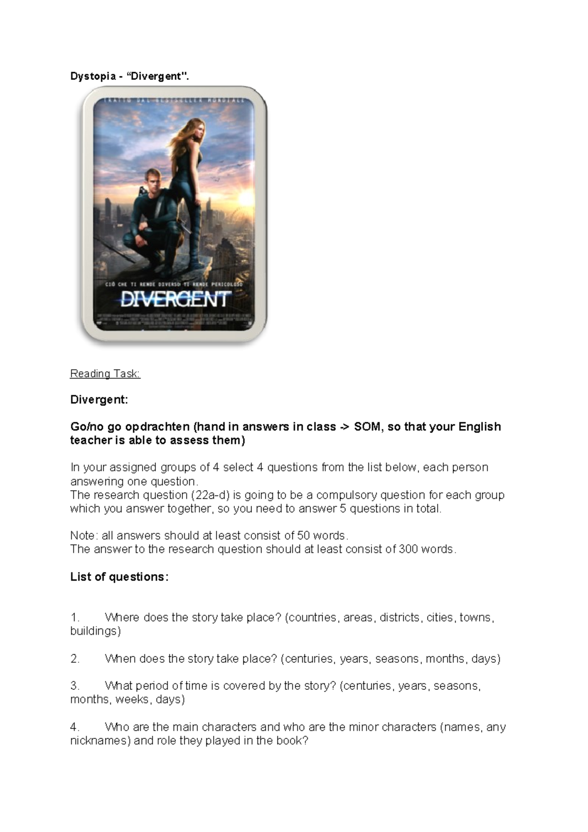 Divergent-boek-opdrachten - Dystopia - “Divergent". Reading Task: Divergent: Go/no go - Studeersnel