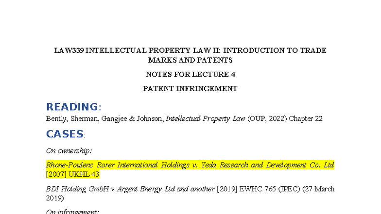 LAW339 LECTURE 4 NOTES: PATENT INFRINGEMENT & CASE ANALYSIS - Studocu