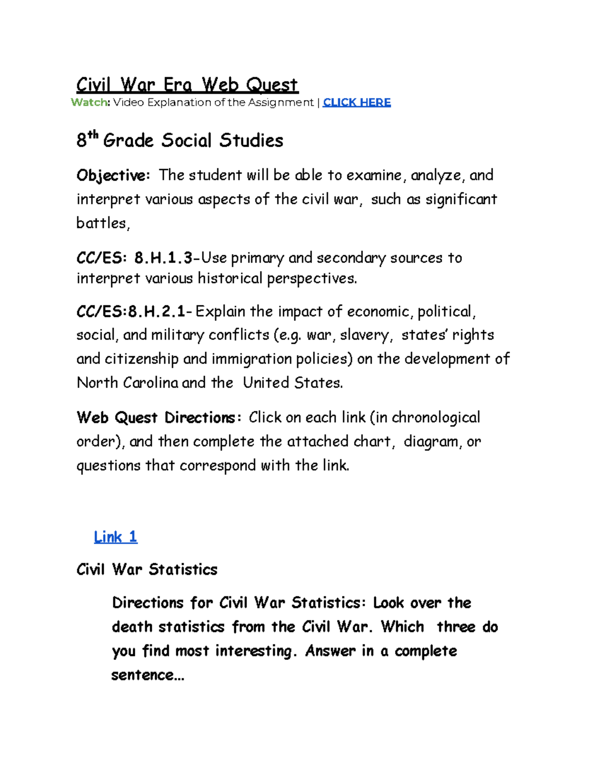 Civil War Web Quest Assignment for 8th Grade Social Studies - Studocu
