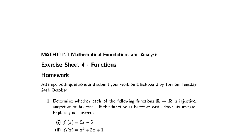 MATH11121 Tutorial Sheet 4: Functions and Their Properties - Studocu