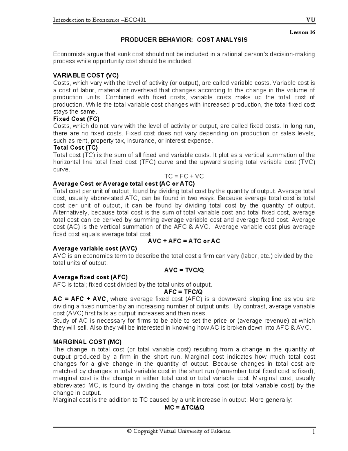 ECO401 Lesson 16: Producer Behavior & Cost Analysis Notes - Studocu