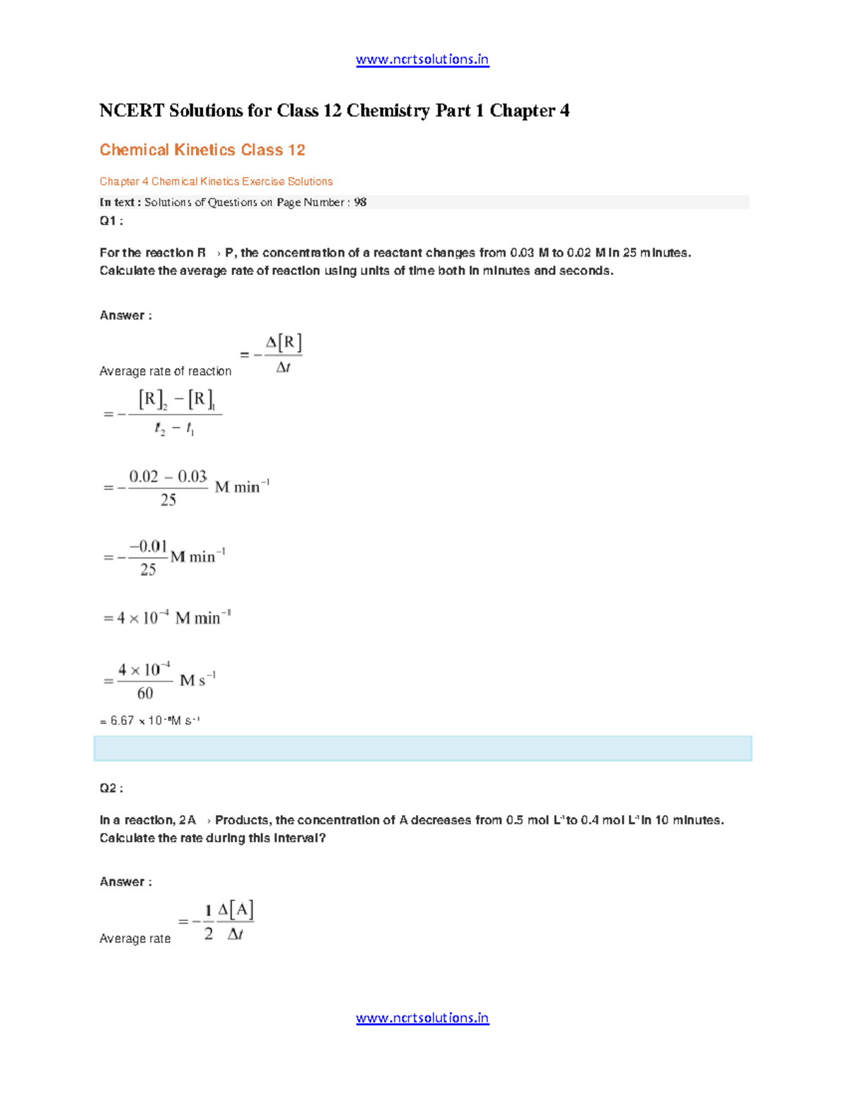 NCERT Solutions for Class 12 Chemistry CH 4: Chemical Kinetics - Studocu