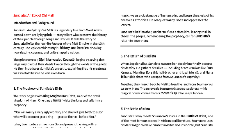 Sundiata: An Epic of Old Mali - Introduction & Key Themes (090646 ...