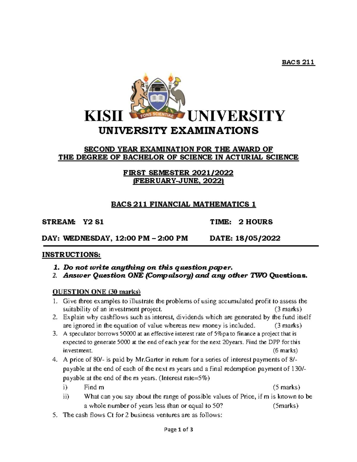 BACS 211 - Financial Mathematics 1 Exam Questions and Solutions - Studocu