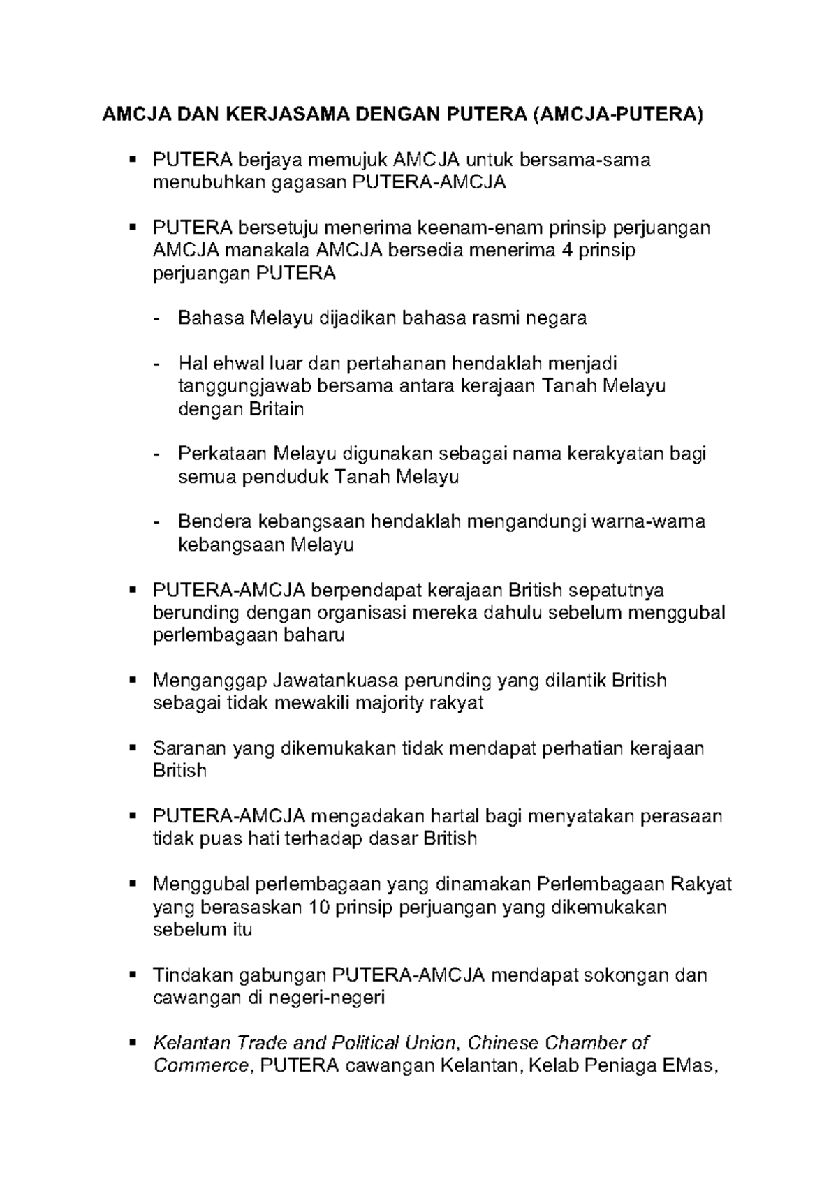 Kerjasama PUTERA-AMCJA dalam Perjuangan Politik Tanah Melayu - Studocu