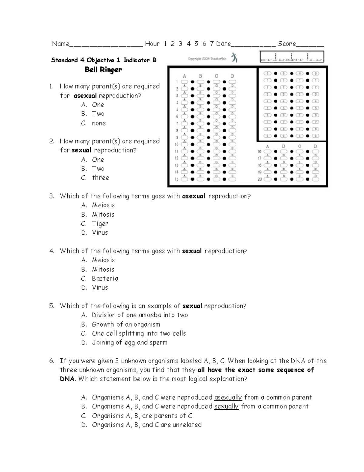 Bell Ringer: Sexual & Asexual Reproduction Quiz - Studocu