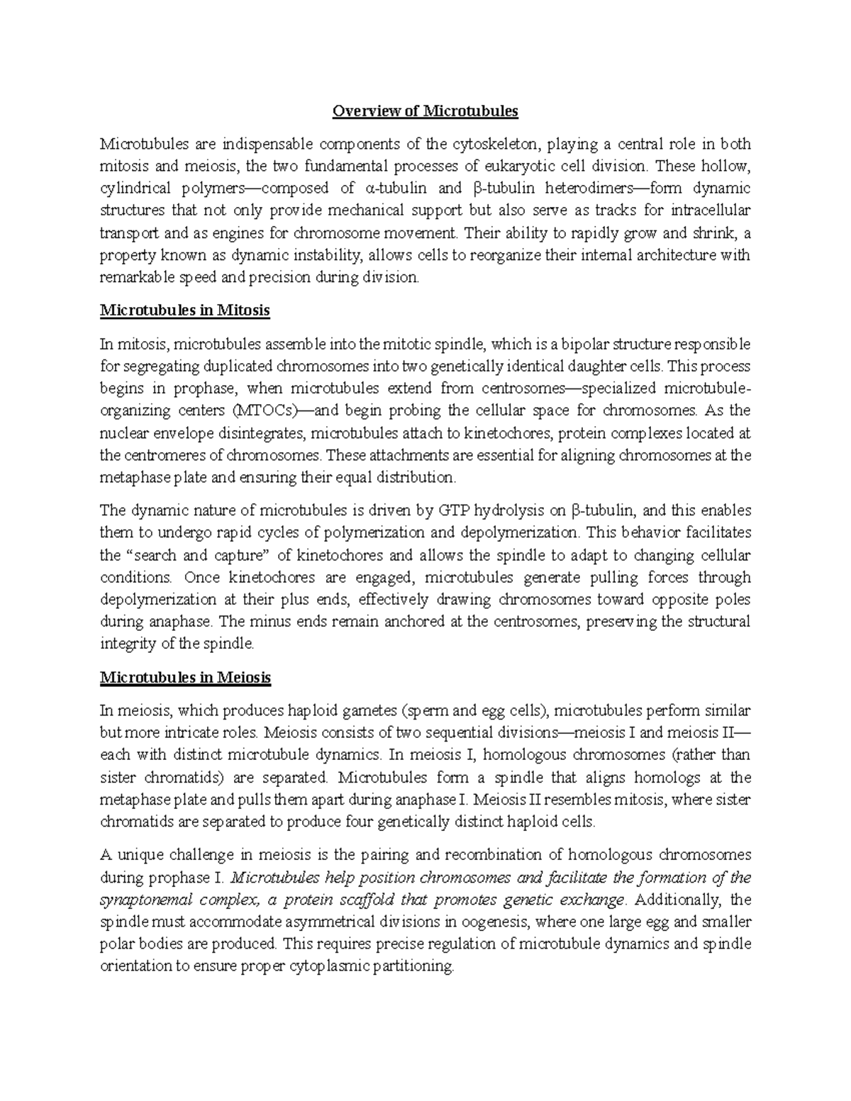 Microtubules in Cell Division: Mitosis & Meiosis Overview - Studocu