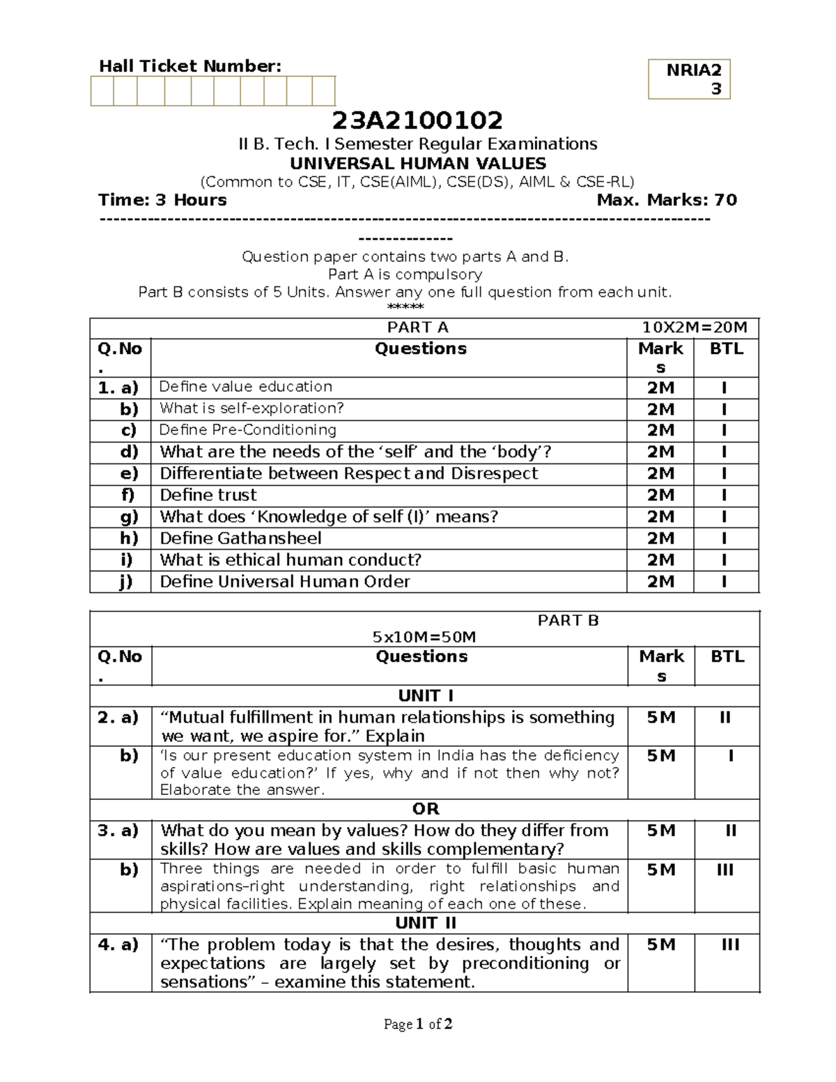 NRIA23 UHV External Exam Model Question Paper Format II UG - Set II ...