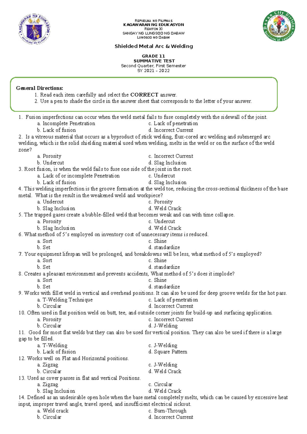 Summative Test 2nd Quarter SMAW 11: Shielded Metal Arc Welding - Studocu