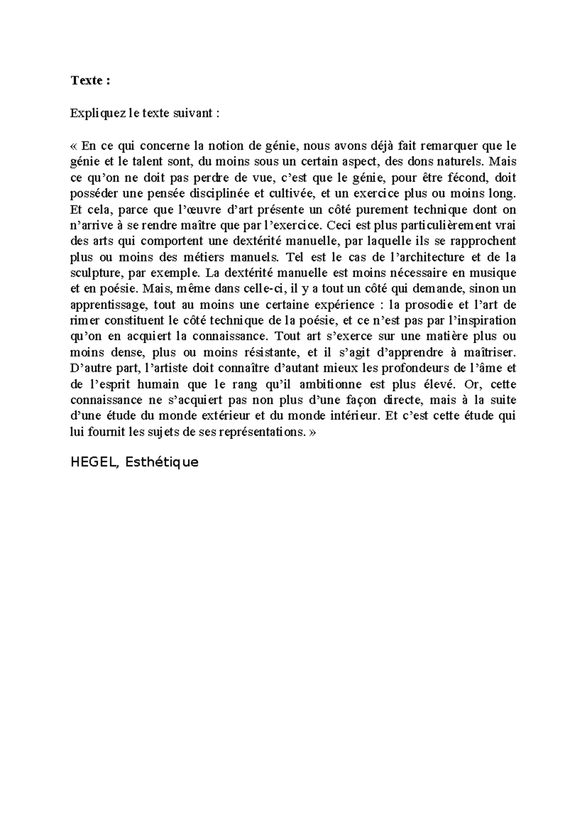 Texte Hegel : Analyse de la notion de génie et de talent - Studocu