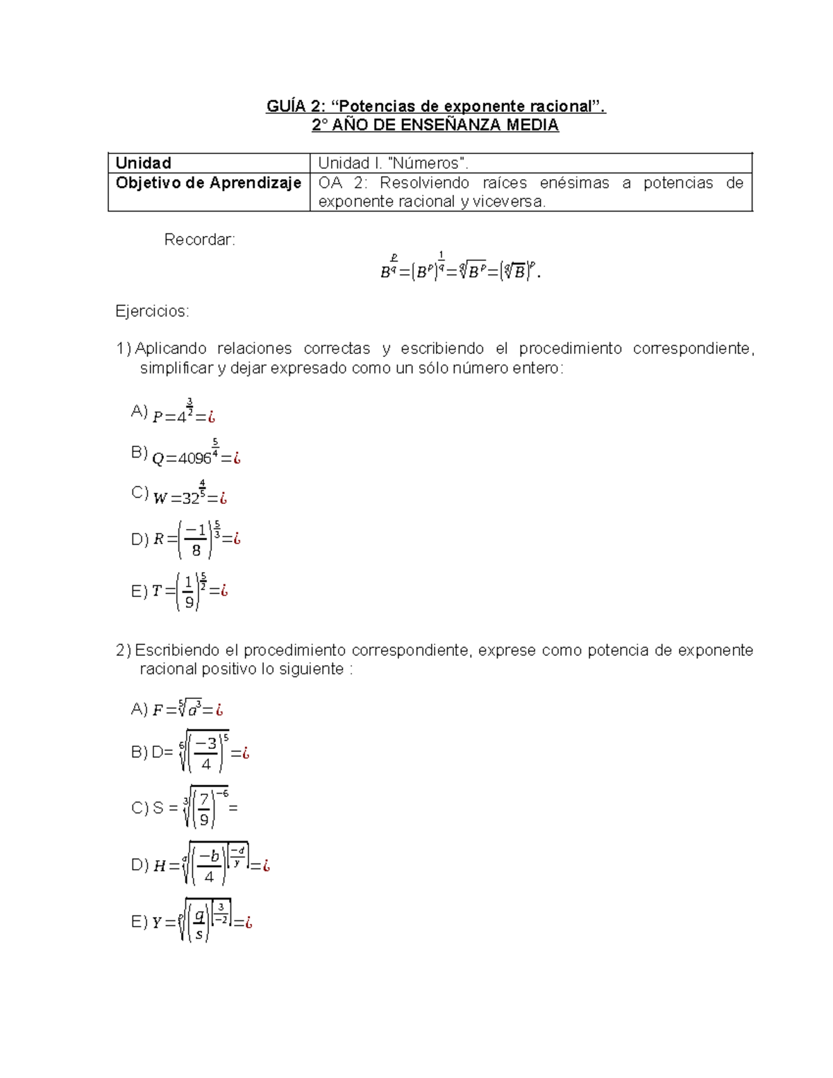 GUIA 2 Potencia Exponente Racional - GUÍA 2: “Potencias de exponente ...