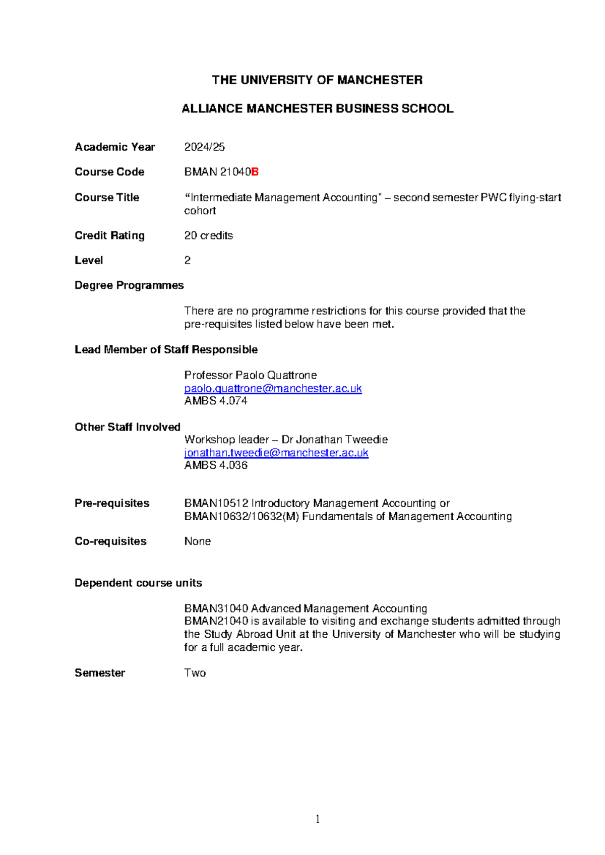 BMAN 21040B Management Accounting Course Outline 2024-2025 - Studocu